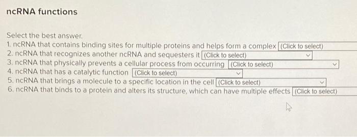 ncRNA functions Select the best answer. 1. ncRNA that | Chegg.com