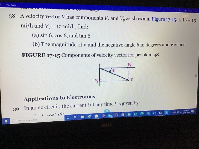 Solved Play Books 38. A velocity vector V has components V, | Chegg.com