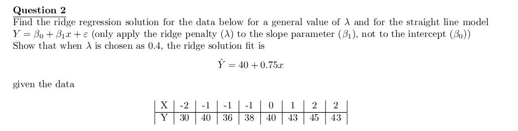 Solved Question 2Find the ridge regression solution for the | Chegg.com