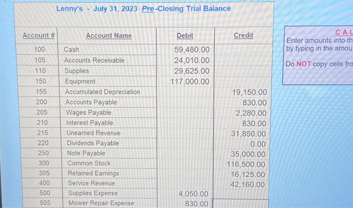 Pre-closing trial balance, income statement, | Chegg.com