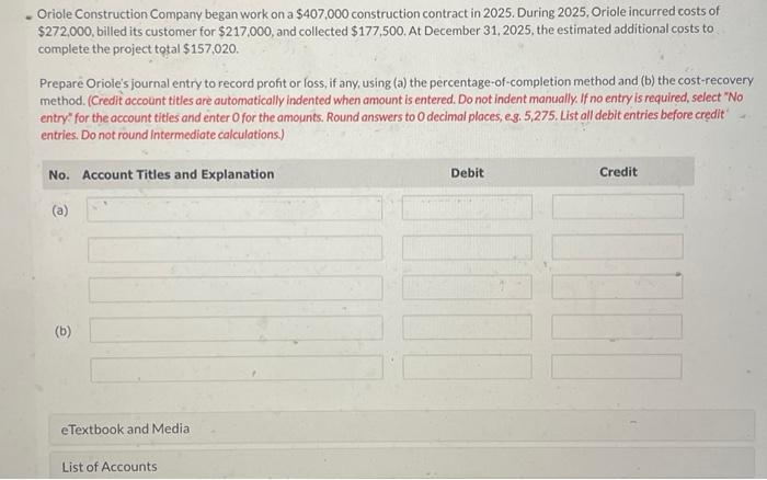 Solved Oriole Construction Company began work on a $407,000 | Chegg.com