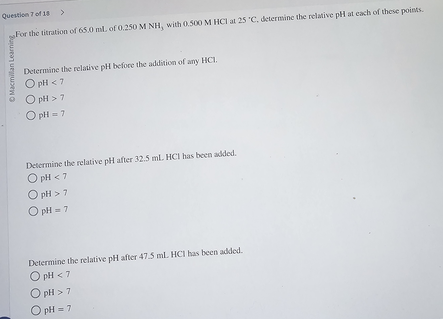 Solved Question 7 ﻿of 18Determine the relative pH before the | Chegg.com