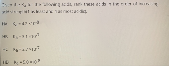 Solved Given the Ka for the following acids, rank these | Chegg.com
