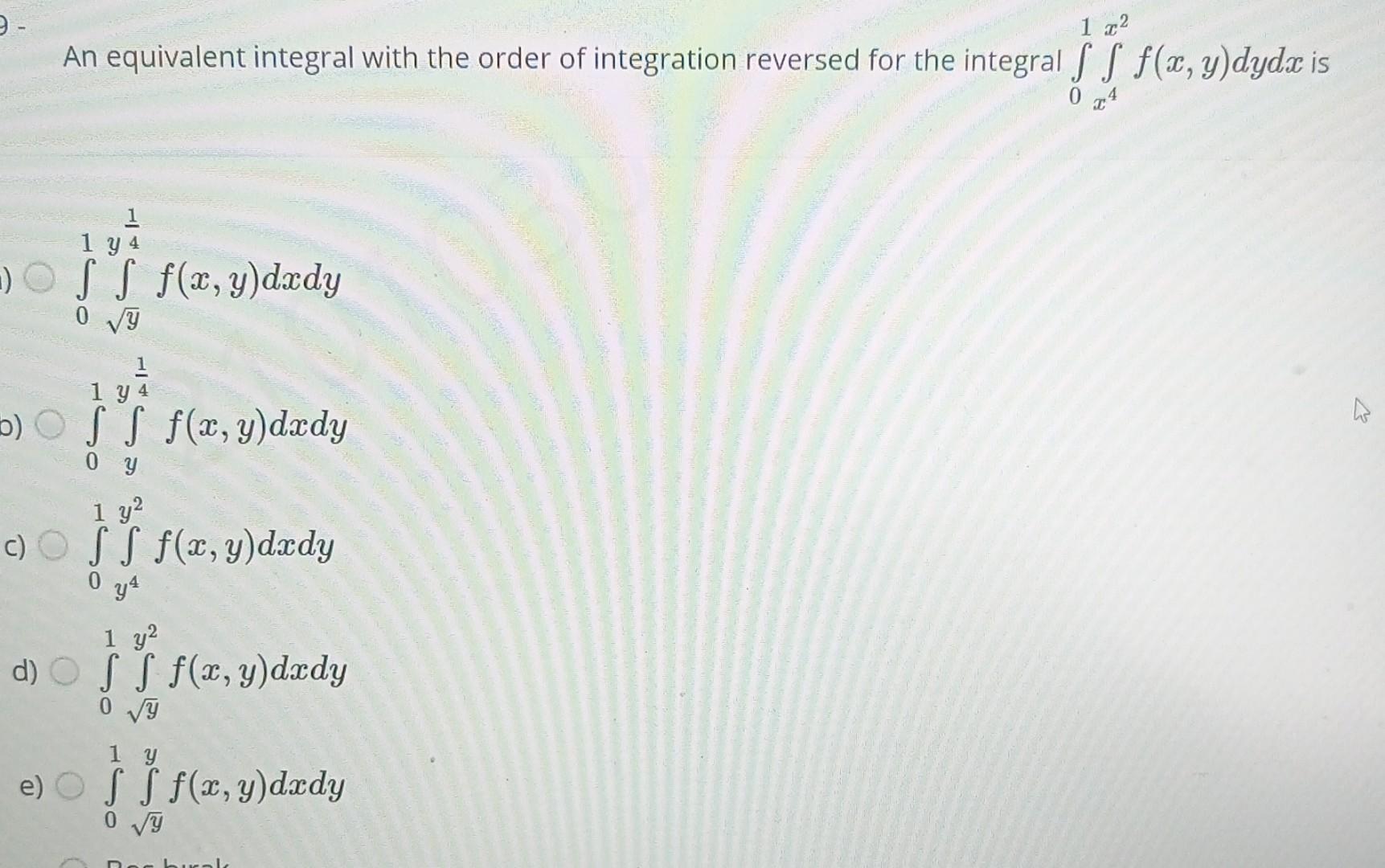 Solved An equivalent integral with the order of integration | Chegg.com