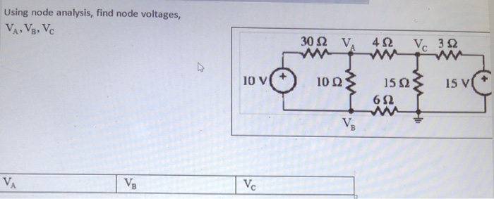 Solved Using node analysis, find node voltages, VA, VB, V. | Chegg.com