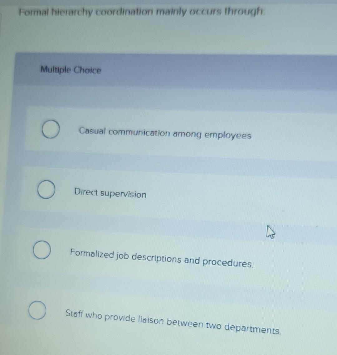 Solved Formal hierarchy coordination mainly occurs through. | Chegg.com