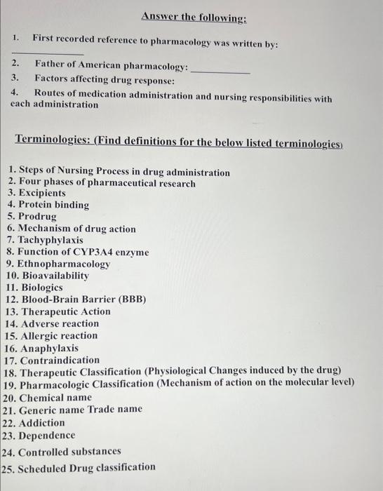 Solved terminology for pharmacologyIf you can answer as many | Chegg.com