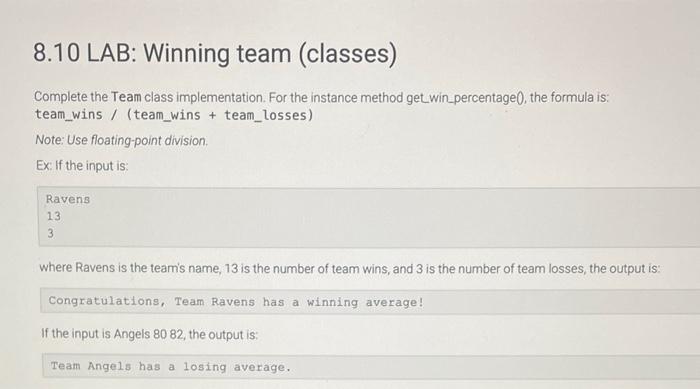 Solved Complete The Team Class Implementation For The 1728