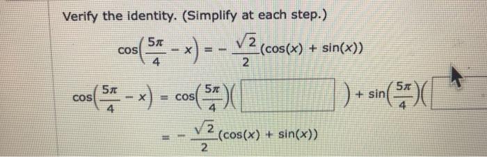 Solved Verify the identity. (Simplify at each step.) 57 V2 | Chegg.com