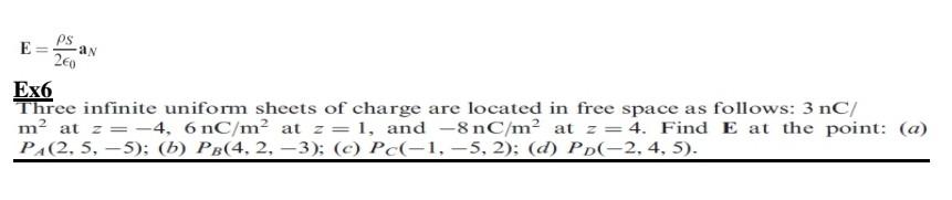 Solved E=2ϵ0ρSaN Ex6 Three infinite uniform sheets of charge | Chegg.com