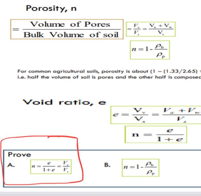 Solved Porosity, n = Bulk Volume of soil Volume of Pores | Chegg.com