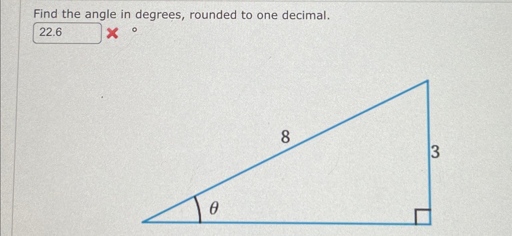 Solved Find the angle in degrees, rounded to one decimal. | Chegg.com
