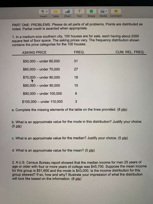 Solved Dv T Text Insert Table Chart Shape Media Comment PART | Chegg.com