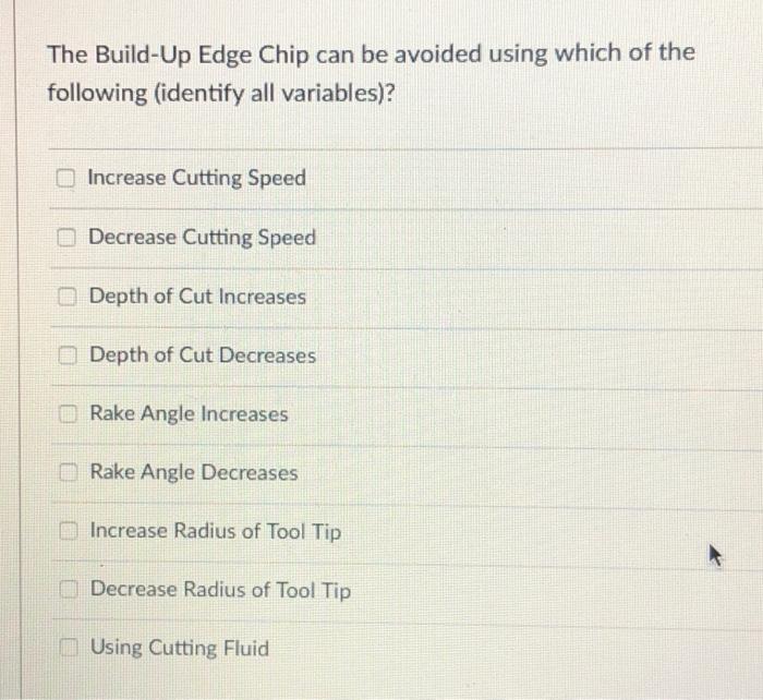 Solved The Build-Up Edge Chip can be avoided using which of | Chegg.com