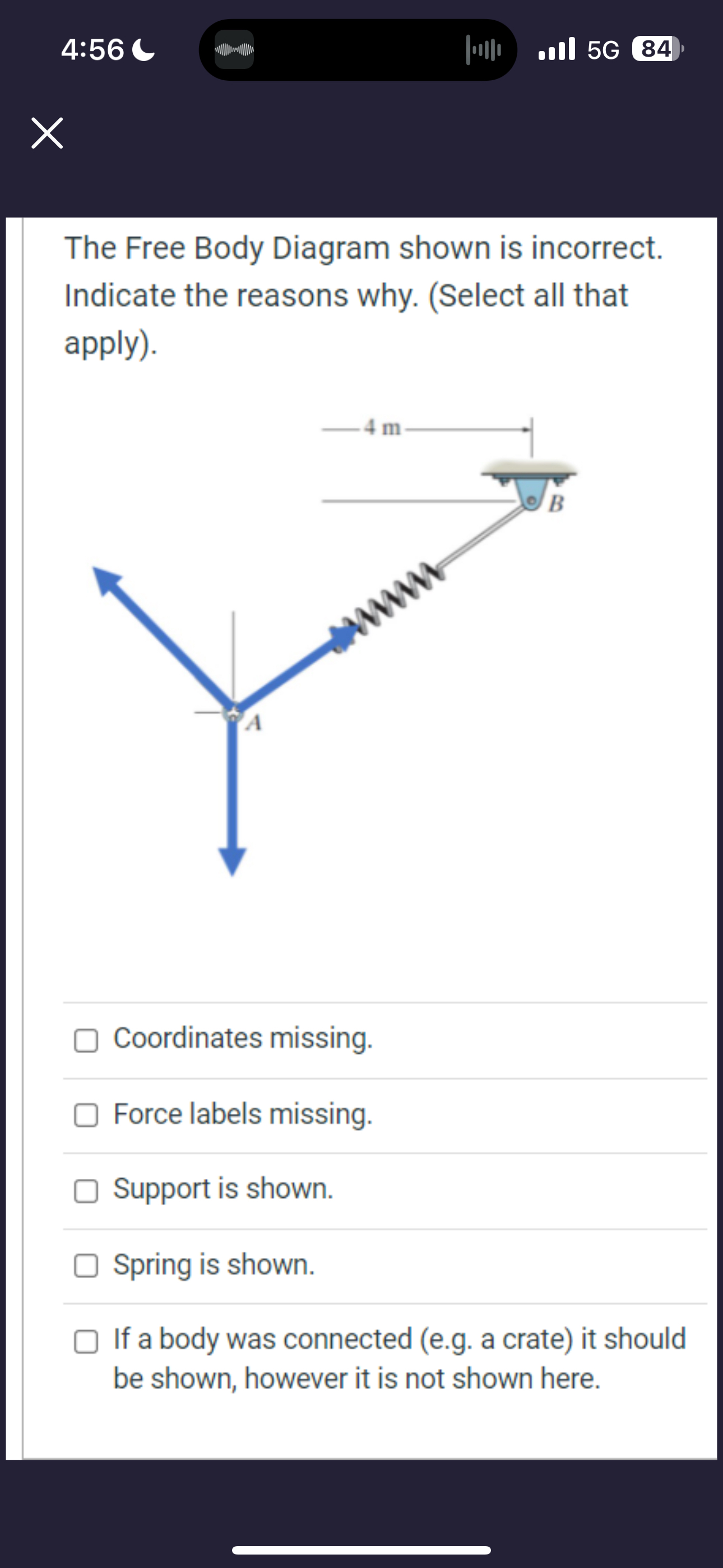 Solved 4:56| 1.|1|. 5G84The Free Body Diagram shown is | Chegg.com