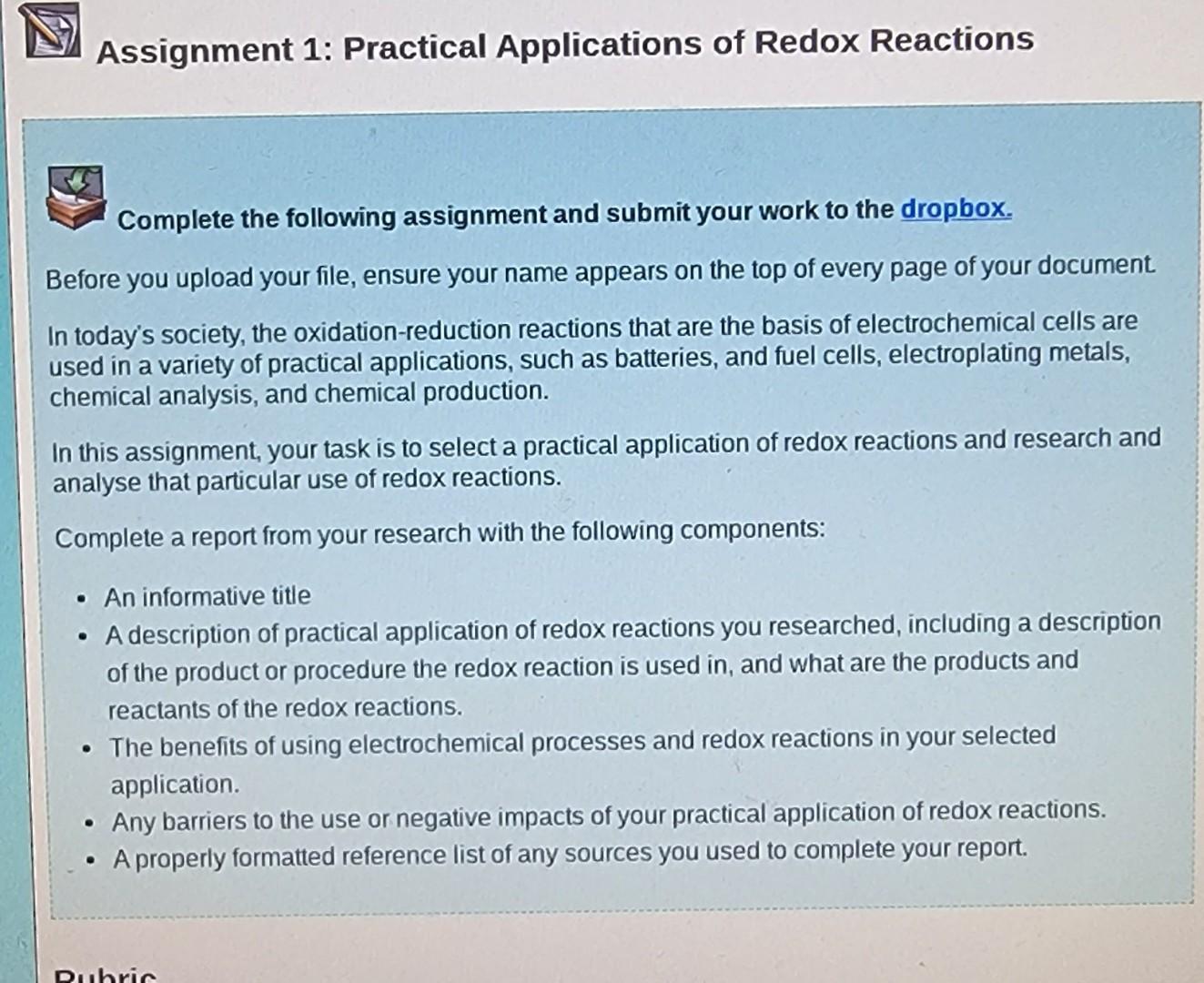 Solved Assignment 1: Practical Applications of Redox | Chegg.com