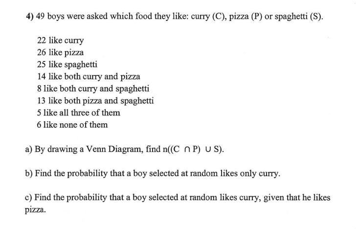 Solved 49 ﻿boys were asked which food they like: curry (C), | Chegg.com