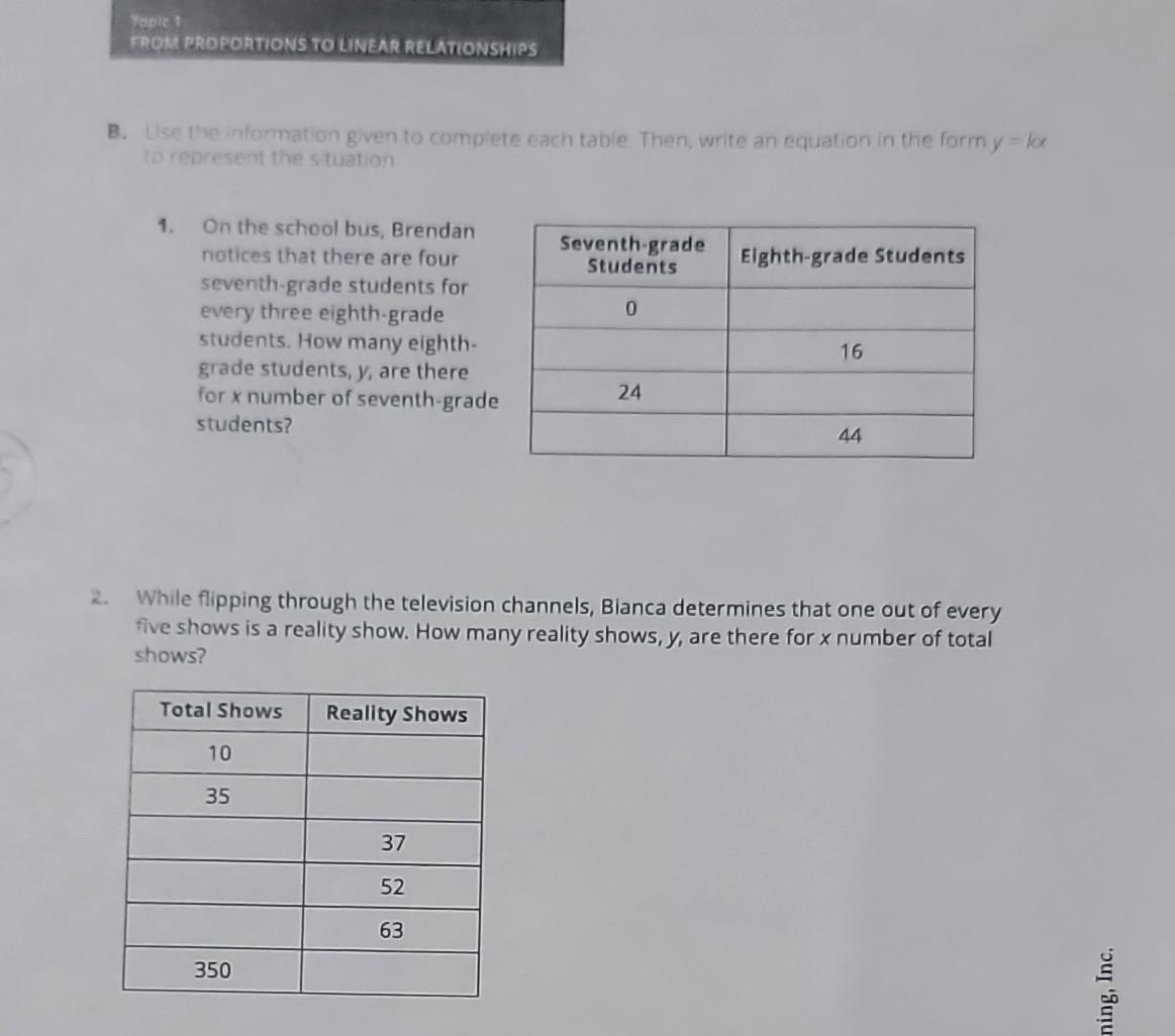 Solved B. Use the information given to compiete each table | Chegg.com
