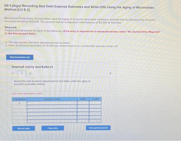Solved E8-6 (Algo) Computing Bad Debt Expense Using Aging of | Chegg.com