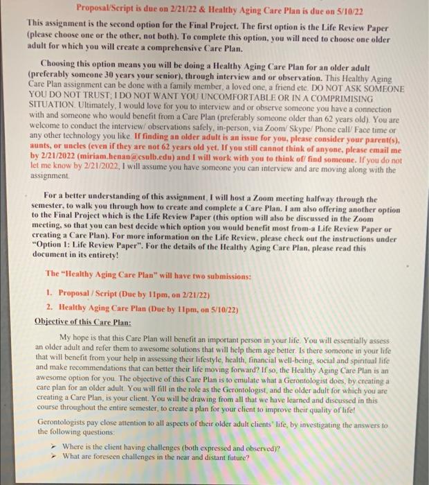 Proposal/Script is due on 2/21/22 & Healthy Aging | Chegg.com