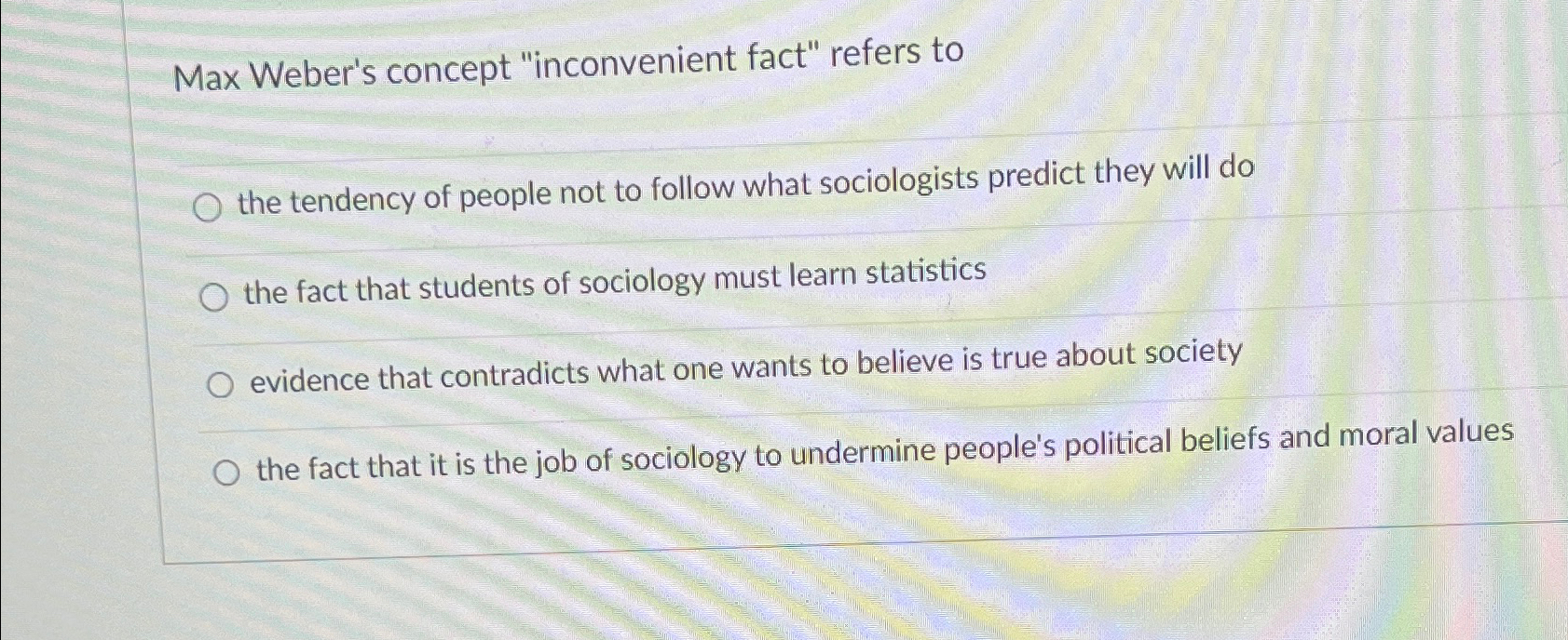 Solved Max Weber's concept "inconvenient fact" refers tothe | Chegg.com
