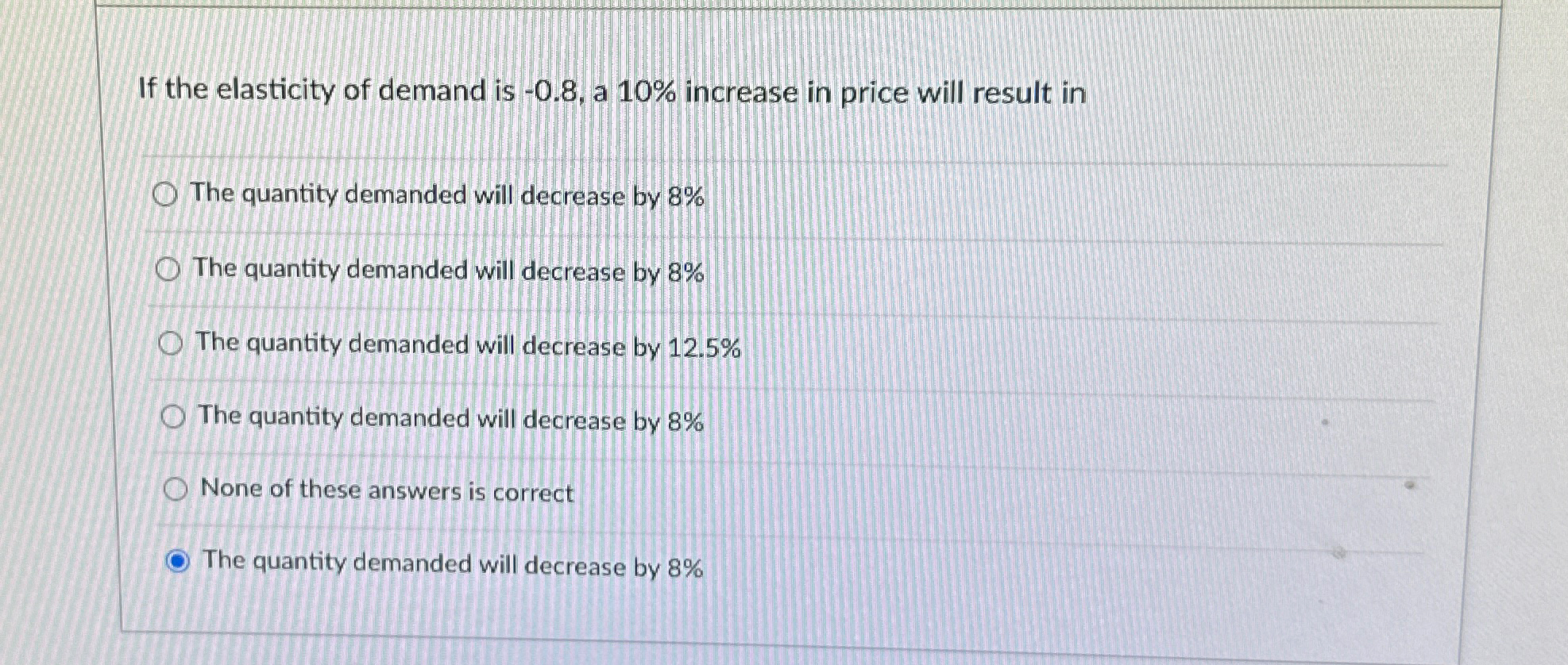 Solved If the elasticity of demand is -0.8, ﻿a 10% ﻿increase | Chegg.com