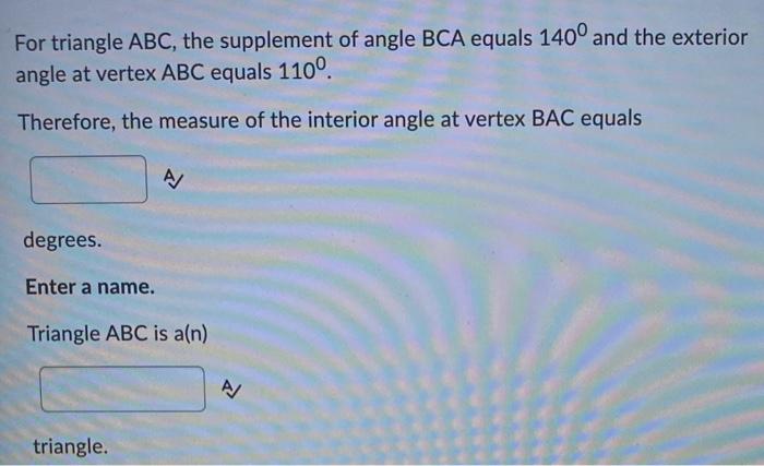 Solved For triangle ABC, the supplement of angle BCA equals | Chegg.com