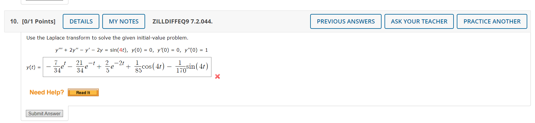 Solved [0/1 ﻿Points]ZILLDIFFEQ9 7.2.044.Use the Laplace | Chegg.com