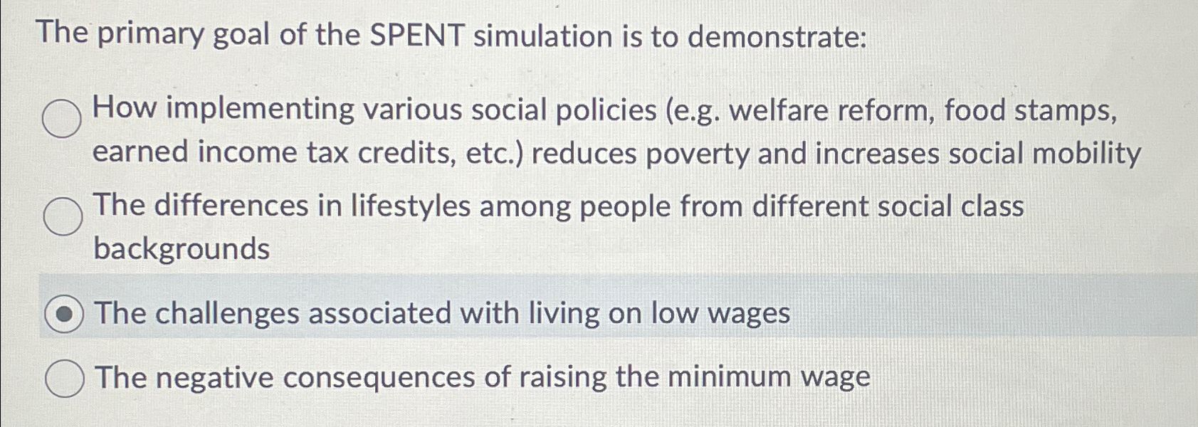 Solved The primary goal of the SPENT simulation is to | Chegg.com