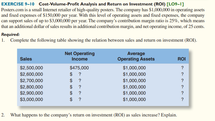 Solved EXERCISE 9-10 ﻿Cost-Volume-Profit Analysis and Return | Chegg.com