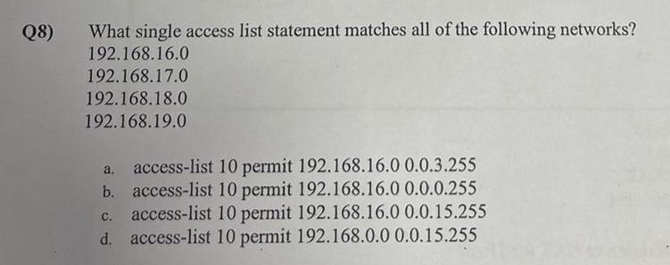 Q8) ﻿What single access list statement matches all of | Chegg.com