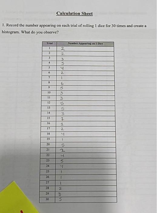 Solved Calculation Sheet 1. Record the number appearing on | Chegg.com