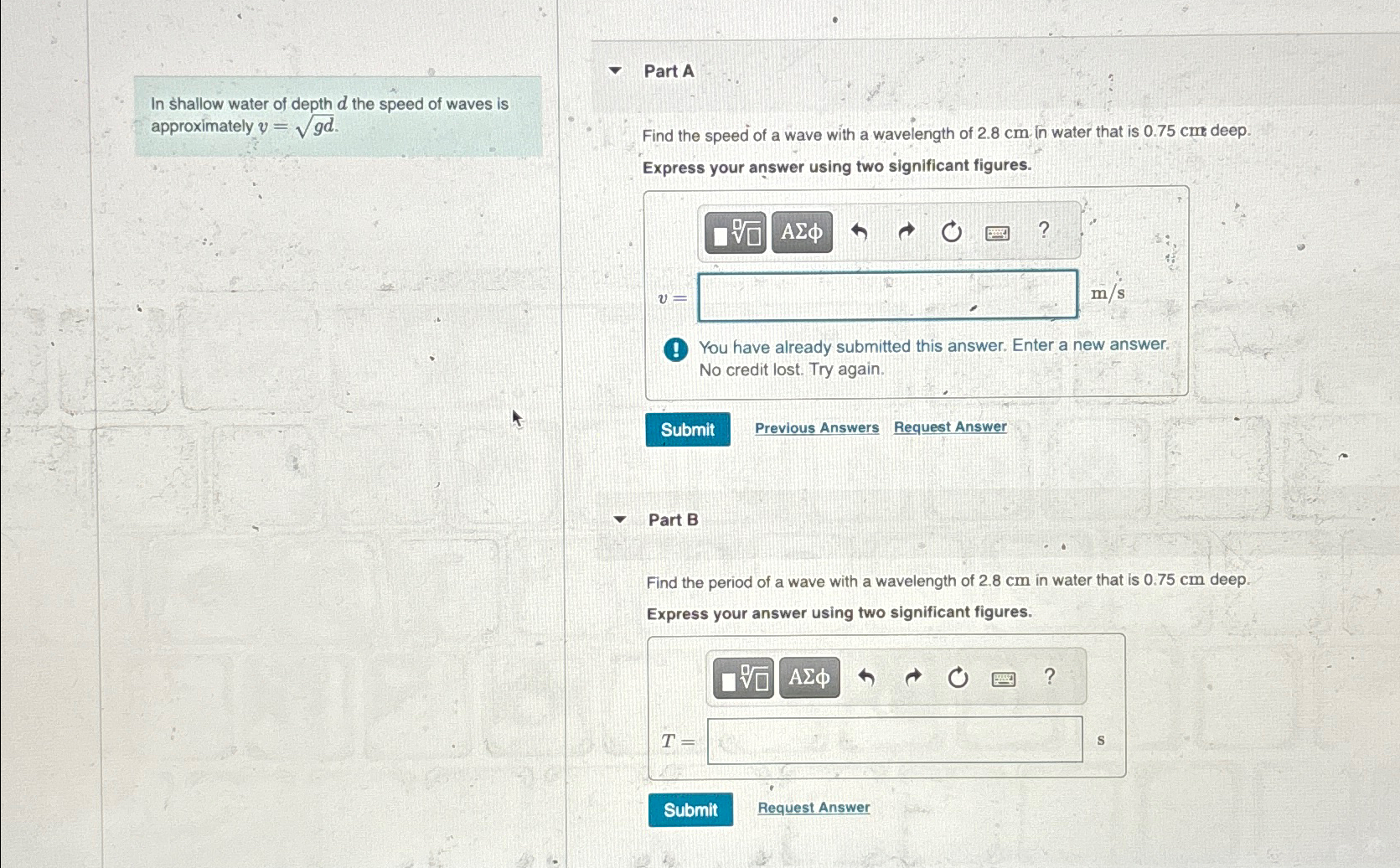 Solved In shallow water of depth d ﻿the speed of waves is | Chegg.com