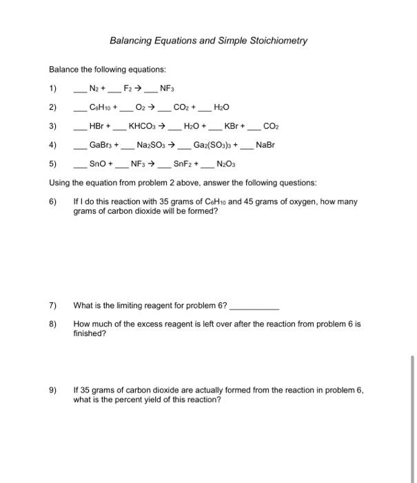 Solved Balancing Equations and Simple Stoichiometry Balance | Chegg.com