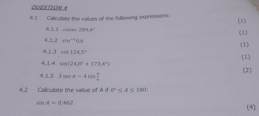 Solved OUESTION 44.1 ﻿Calculate the values of the following | Chegg.com
