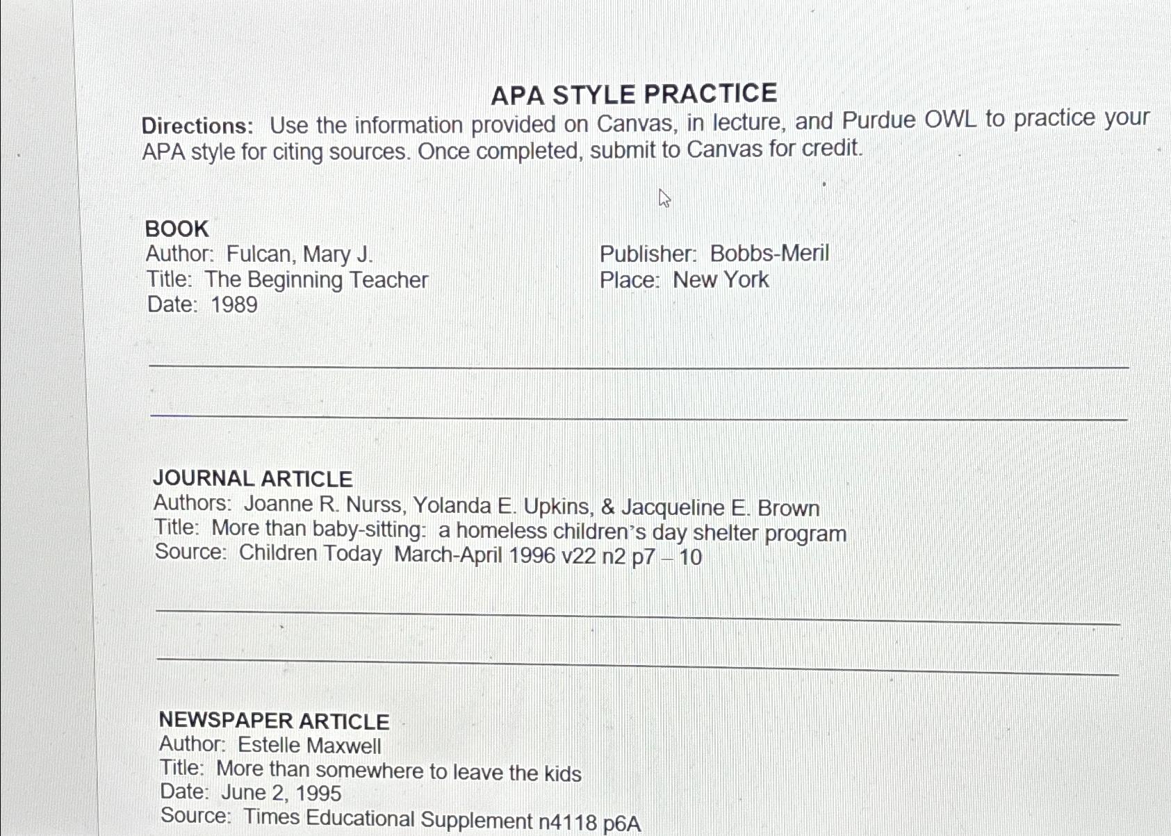 Solved APA STYLE PRACTICEDirections: Use the information | Chegg.com