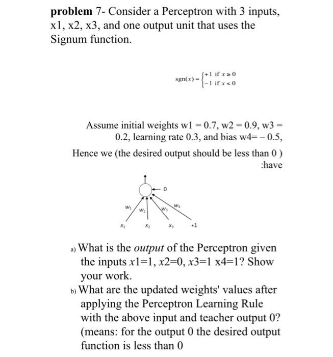 Solved problem 7- Consider a Perceptron with 3 inputs, | Chegg.com