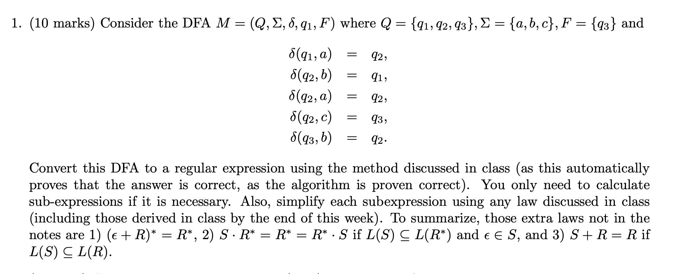 Solved (10 ﻿marks) ﻿Consider the DFA M=(Q,Σ,δ,q1,F) ﻿where | Chegg.com