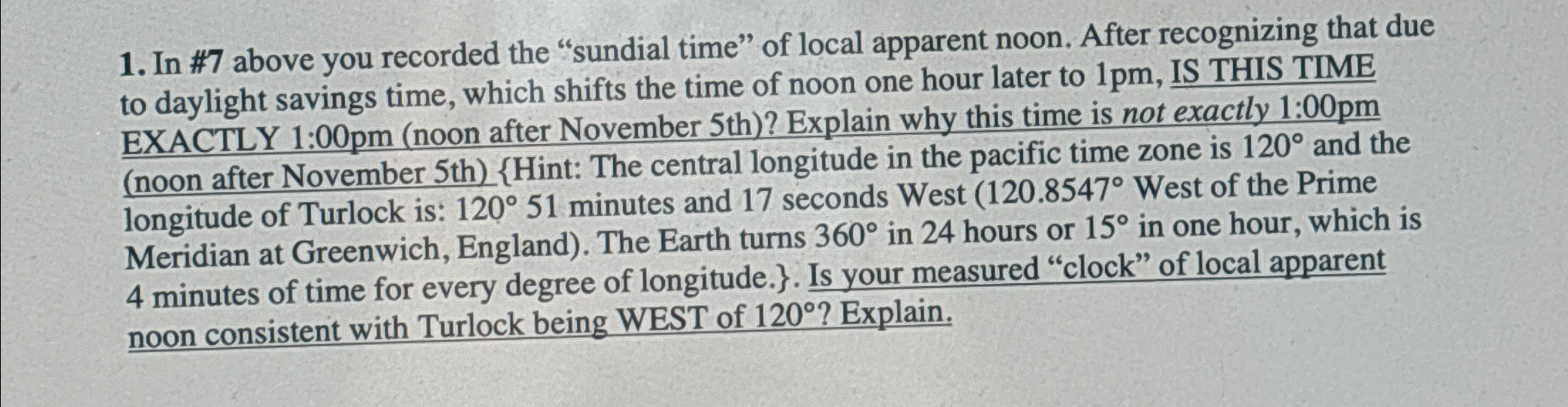 Solved In #7 ﻿above you recorded the "sundial time" of local | Chegg.com