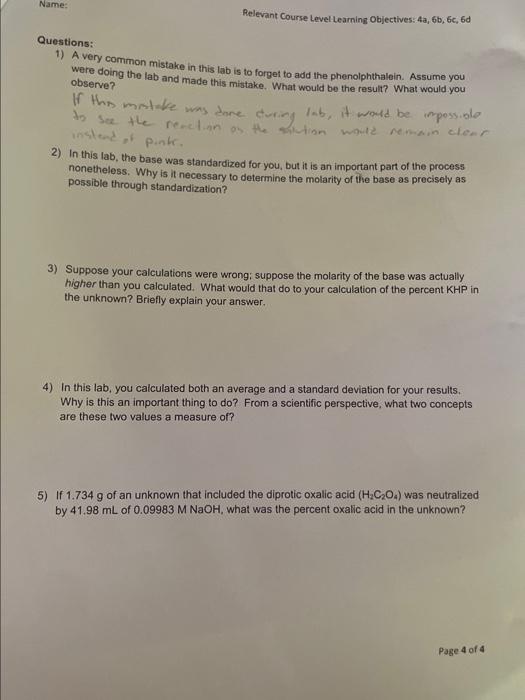 Solved Name: Relevant Course Level Leaming Objectives: | Chegg.com