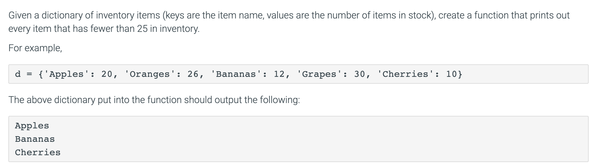 Solved Given a dictionary of inventory items (keys are the | Chegg.com