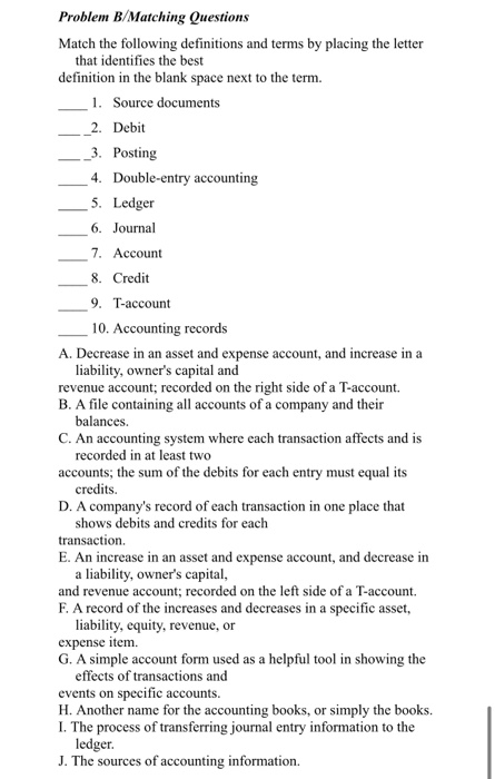 Solved Problem A/Matching Questions (1 point each) Match the | Chegg.com