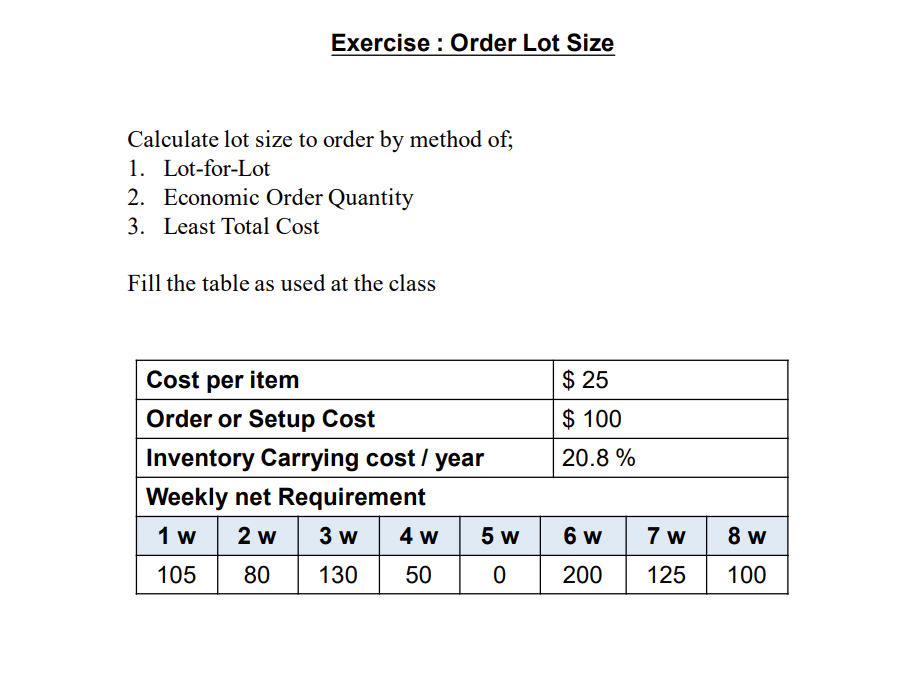 Solved Exercise : Order Lot SizeCalculate lot size to order | Chegg.com