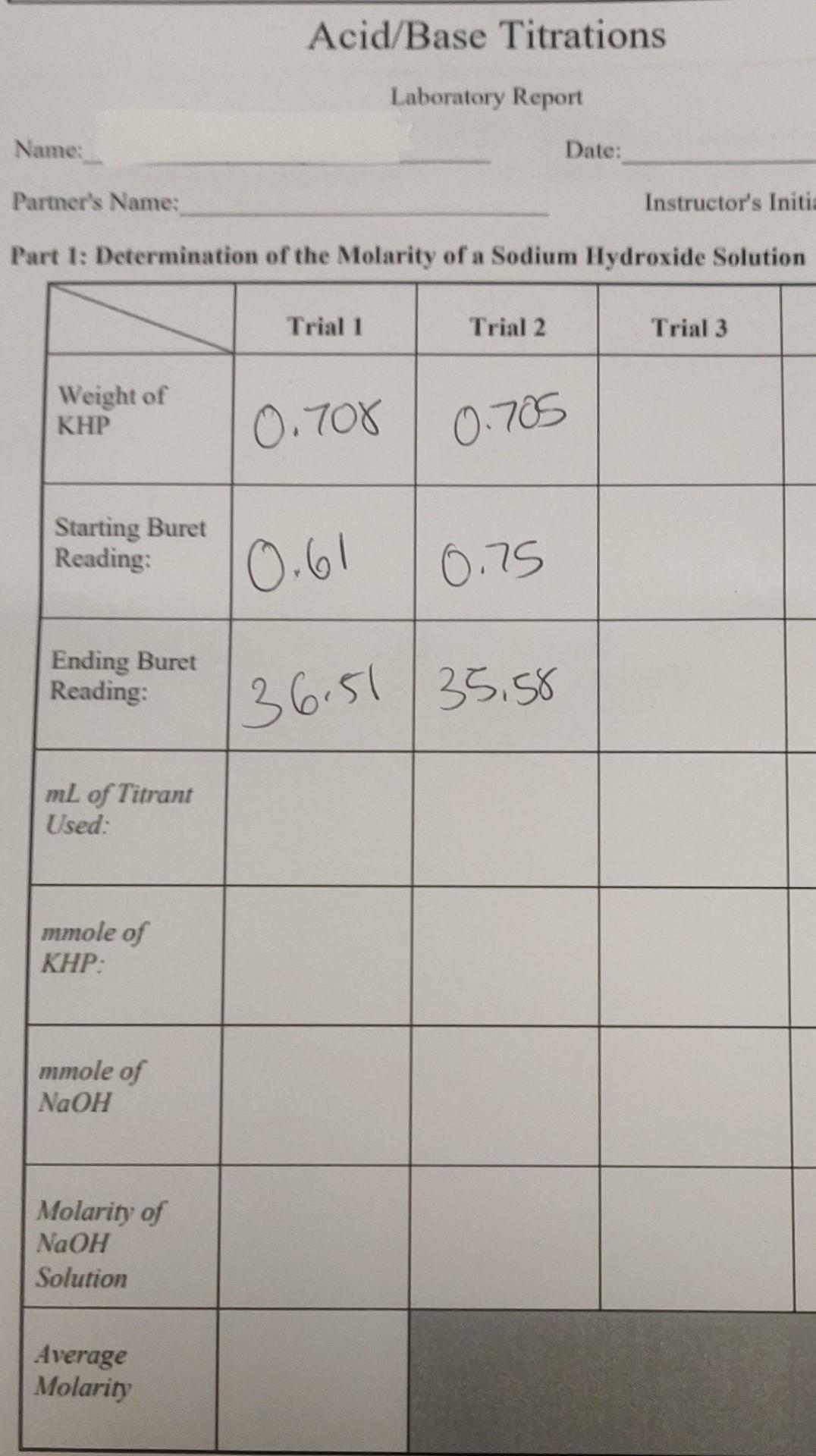 Solved Acid/Base Titrations Laboratory Report Name: Date: | Chegg.com