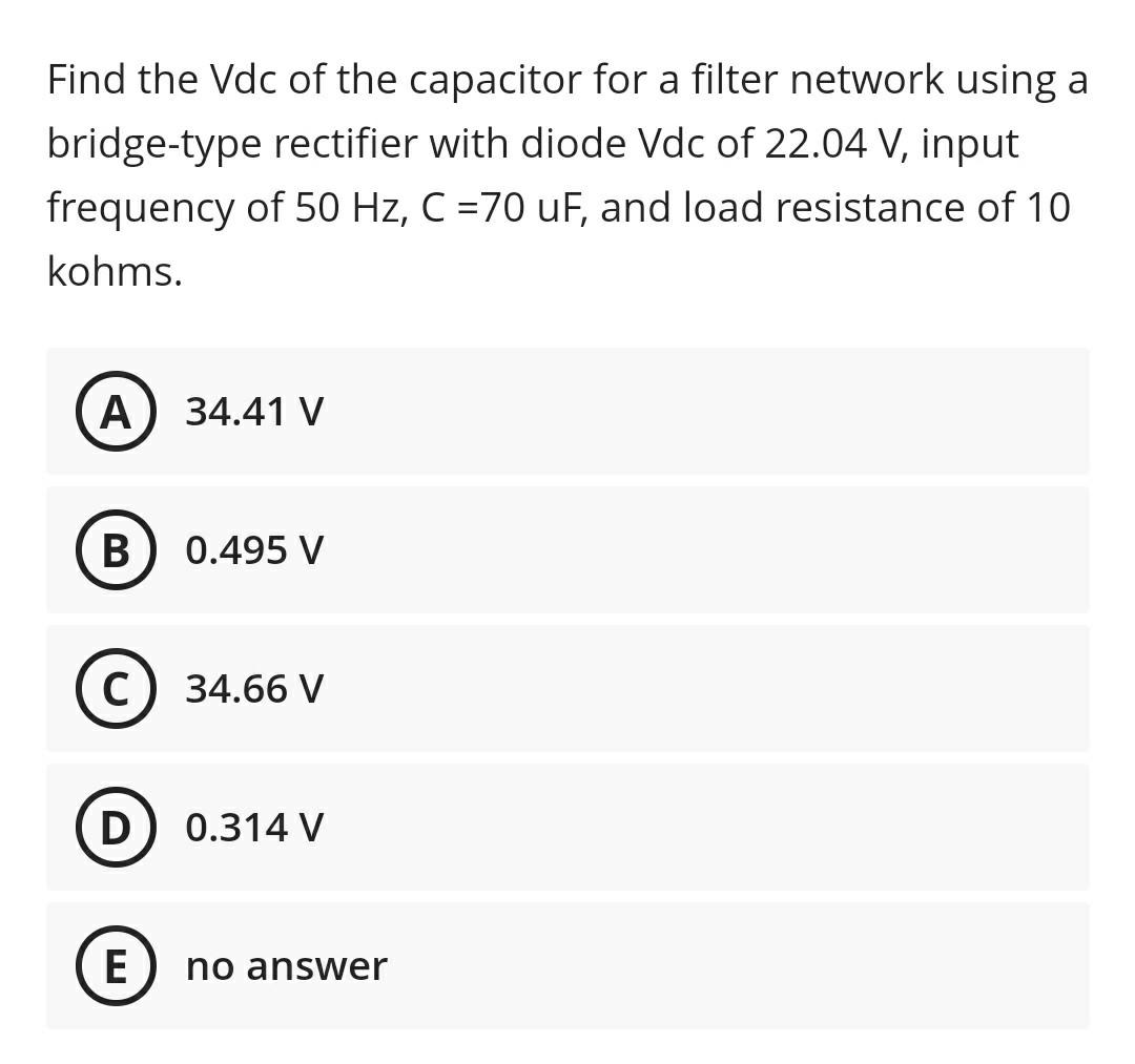 Solved Find the Vdc of the capacitor for a filter network | Chegg.com