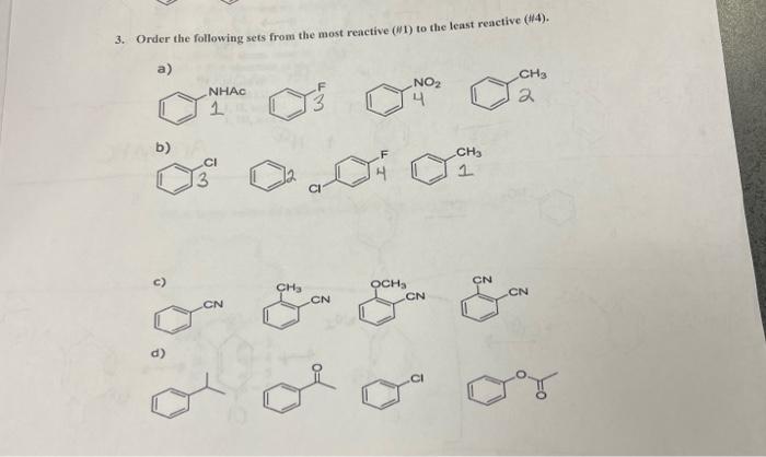 Solved 3. Order the following sets from the most reactive | Chegg.com