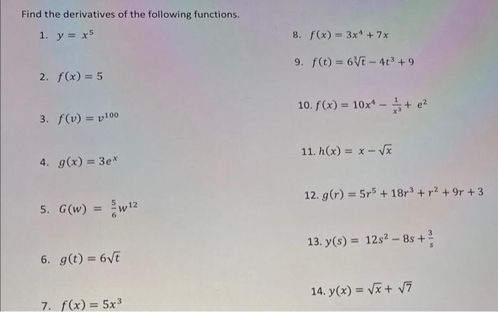Solved Find the derivatives of the following functions. 1. | Chegg.com