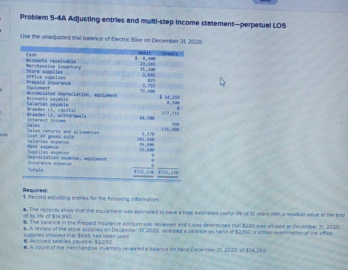 Solved Problem 5-4A Adjusting entries and multi-step Income | Chegg.com