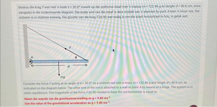 Solved Beskou die krag F wat met 'n hoek θ=30.0∘ inwerk op | Chegg.com