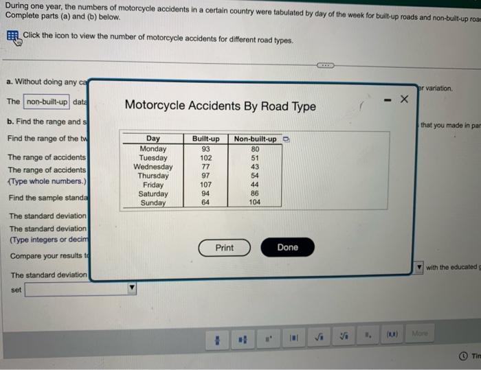 Solved During one year, the numbers of motorcycle accidents | Chegg.com